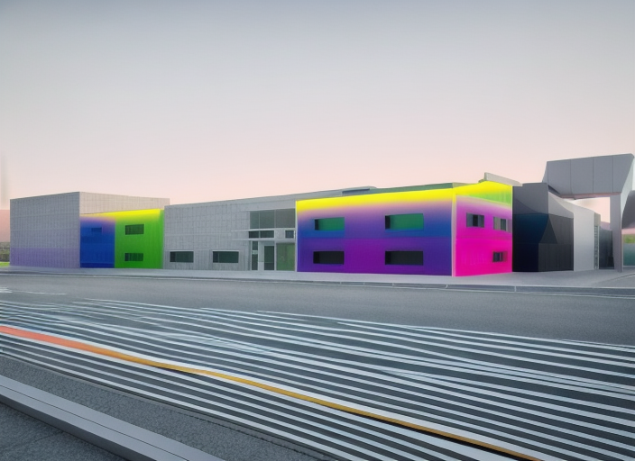 make the facade a colorful gradient and add glass render the road and ...