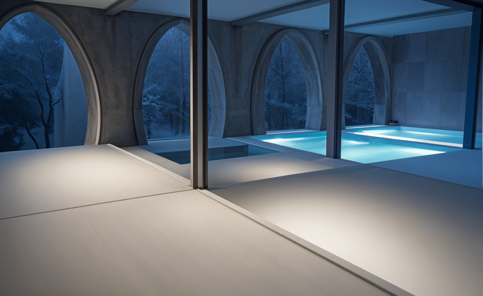 modernist night shot curved windows void concrete flooring and walls ...