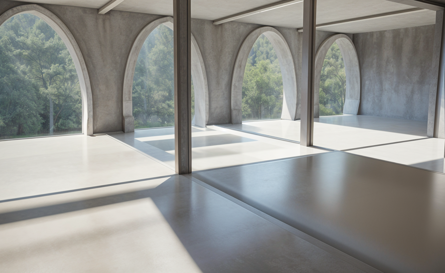 modernist interior shot curved windows concrete floors concrete walls ...