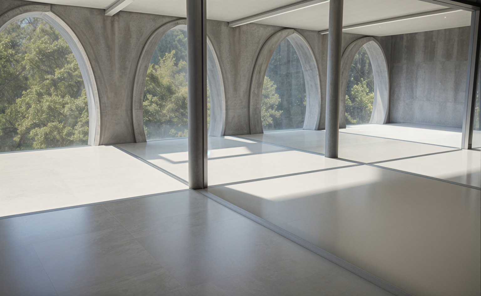 postmodern interior shot street view curved windows concrete floors ...