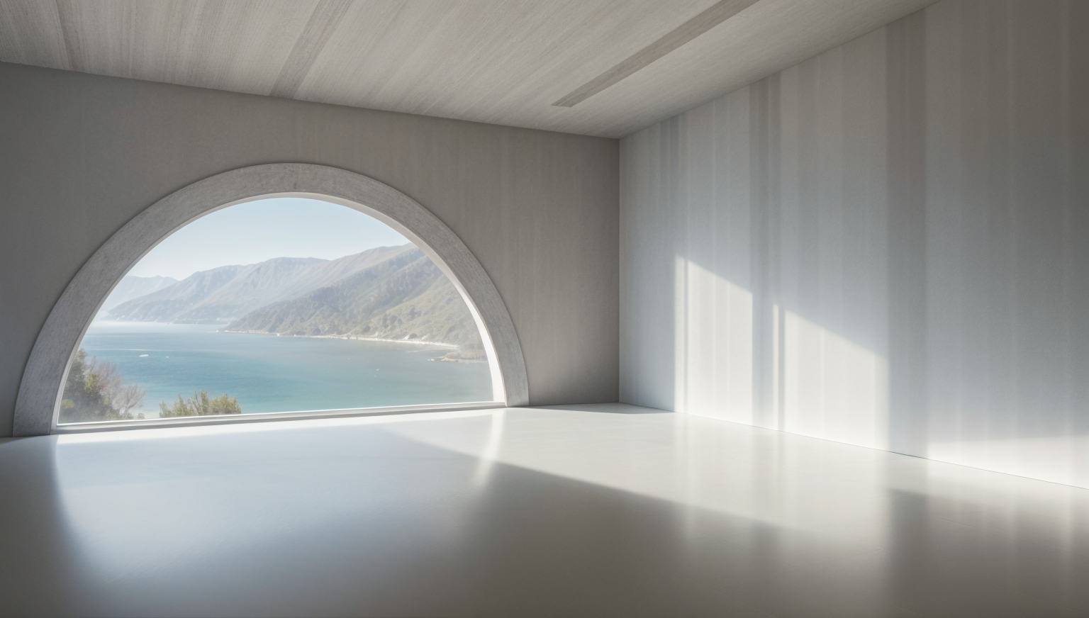 modernist interior shot curved window sunshine concrete floor concrete ...